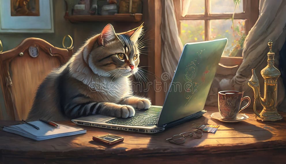Cat at computer stock illustration. Illustration of wood - 308706630