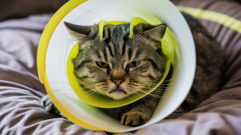 A Cat with a Cone on Its Head Laying Down, AI Stock Photo - Image of ...