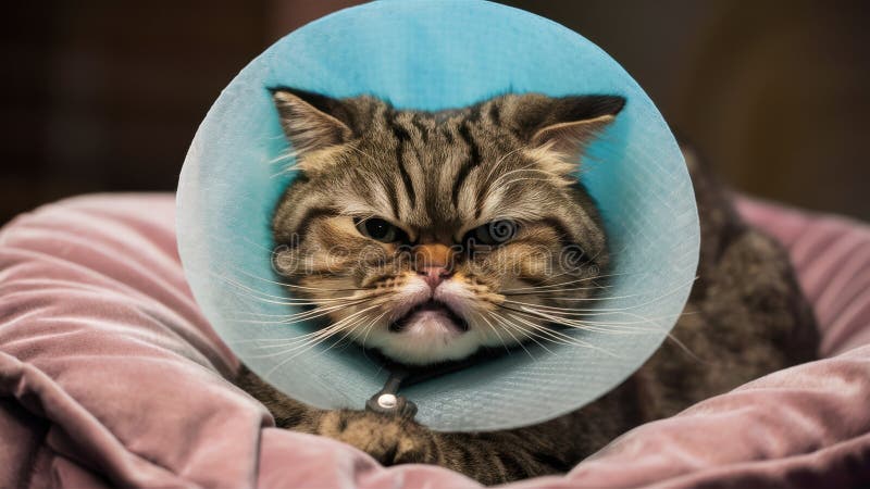 A Cat with a Cone on Its Head Sitting in Bed, AI Stock Illustration ...