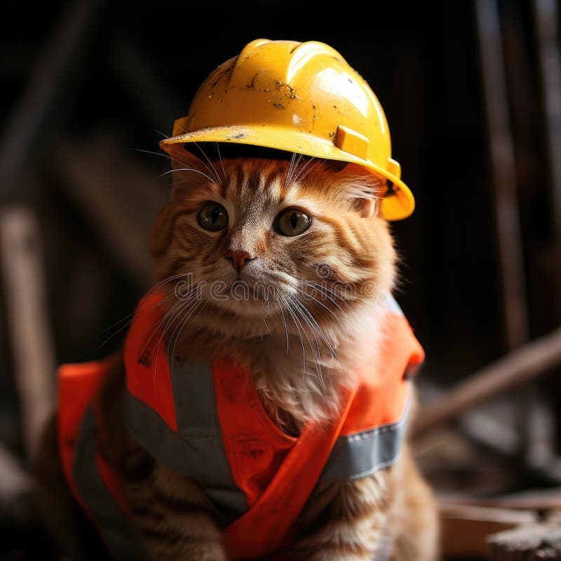 A Cat in a Construction Helmet Stock Image - Image of beige, project ...