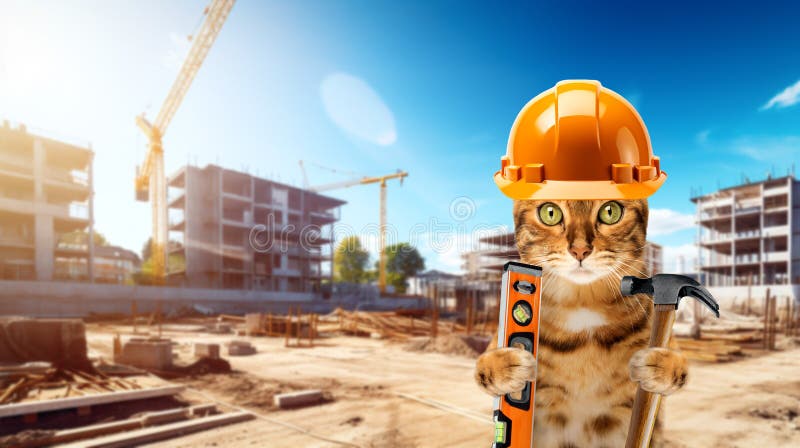 Funny Cat in a Construction Helmet on the Background of a Construction ...