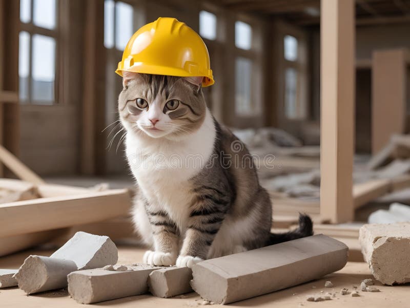 A Cat in a Construction Helmet at a Construction Site Stock ...