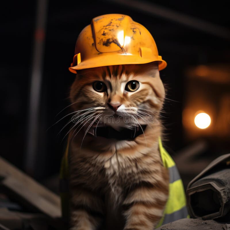 A Cat in a Construction Helmet Stock Photo - Image of worker, tool ...