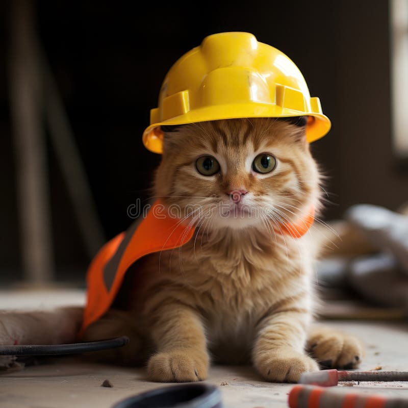 A Cat in a Construction Helmet Stock Image - Image of cardboard ...