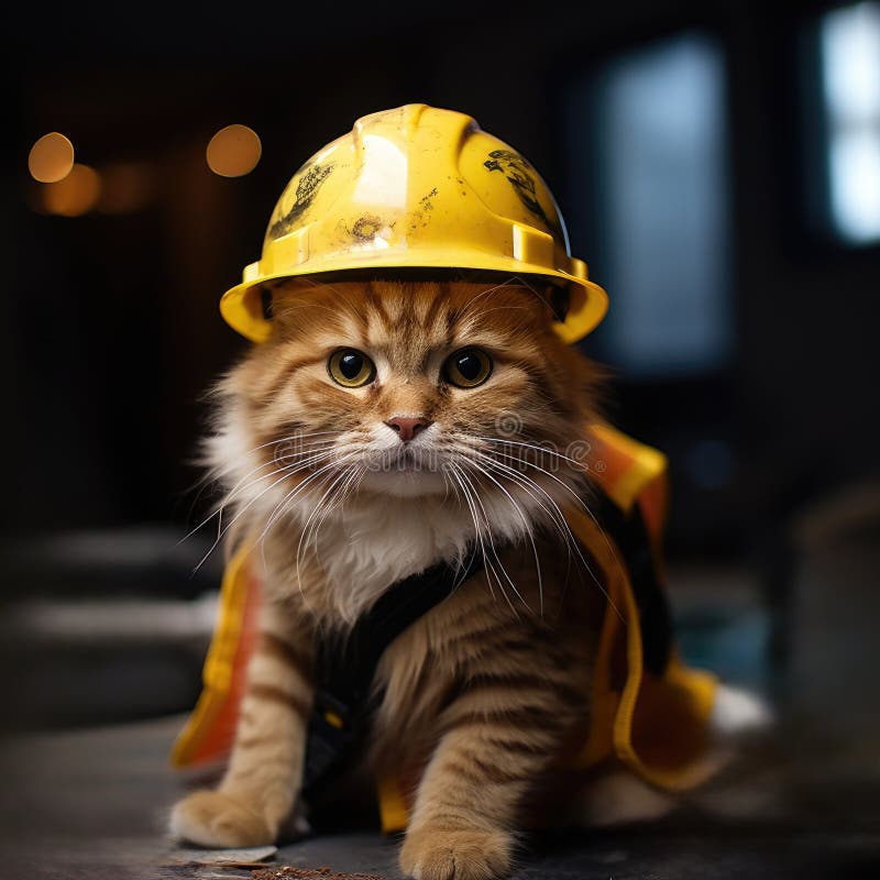 A Cat in a Construction Helmet Stock Image - Image of tool, background ...