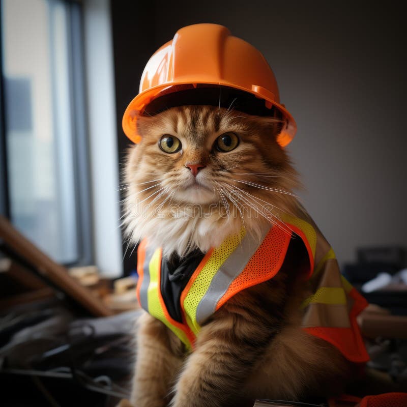 A Cat in a Construction Helmet Stock Photo - Image of protection ...