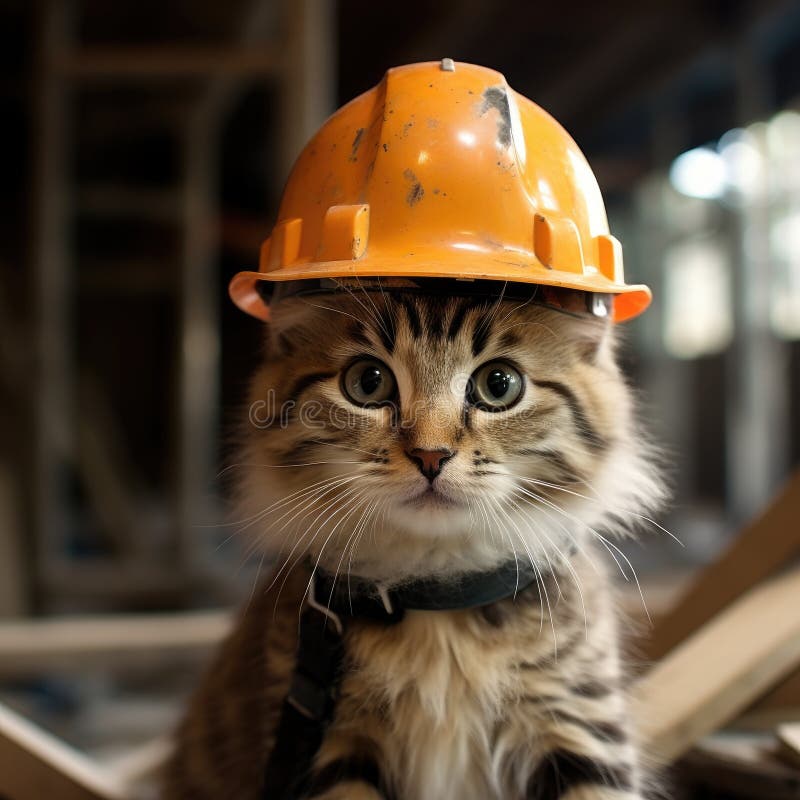 A Cat in a Construction Helmet Stock Image - Image of creative ...
