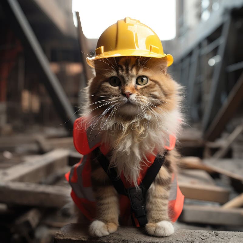 A Cat in a Construction Helmet Stock Image - Image of builder, eyes ...