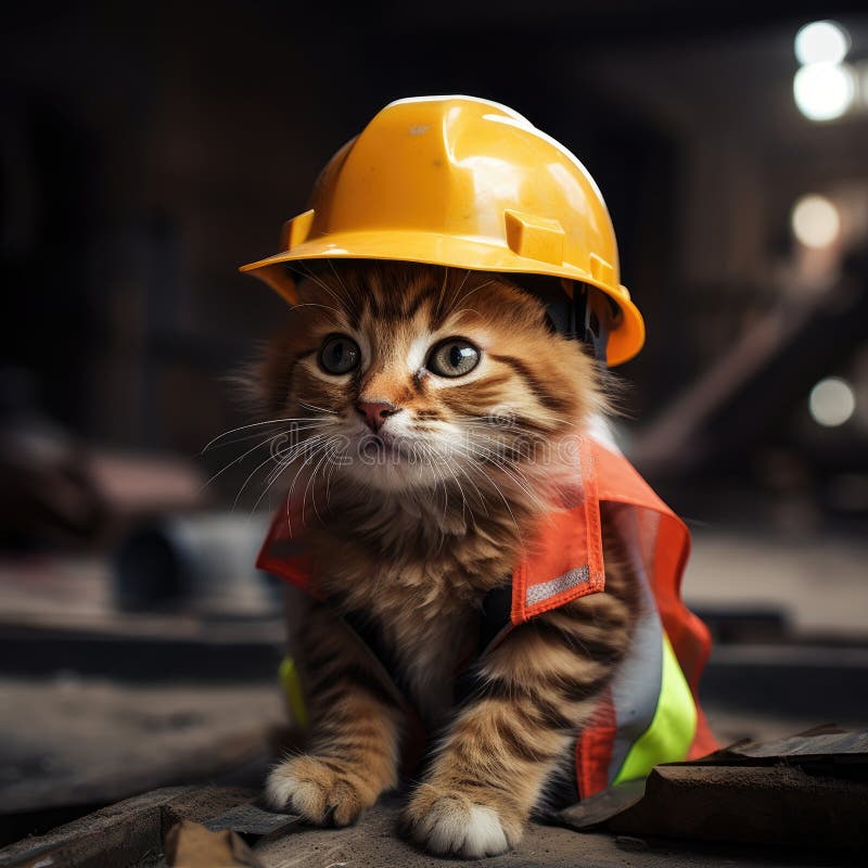 A Cat in a Construction Helmet Stock Photo - Image of maintenance ...