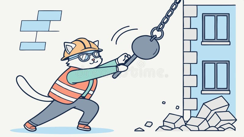 Cat Construction Worker Wrecking Ball, Demolition, Building Tear Down ...