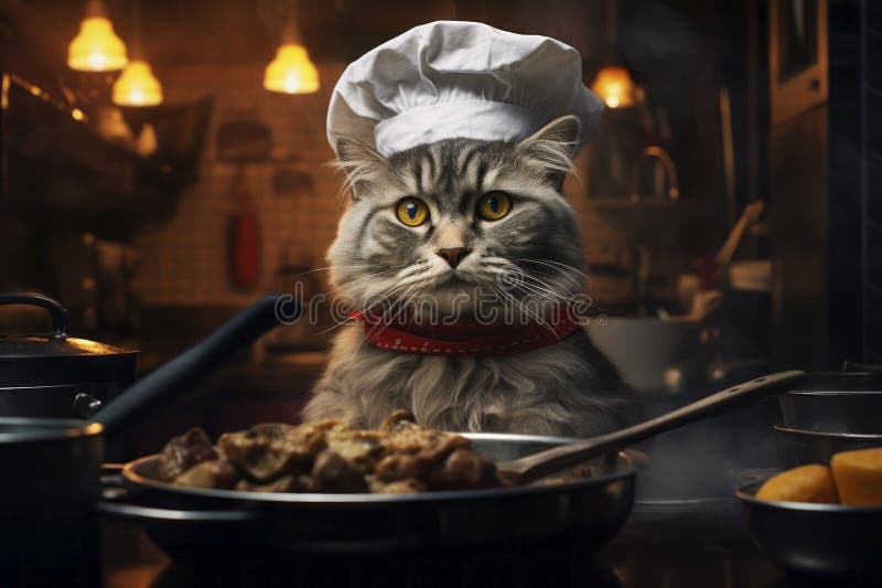 The Cat Cook in the Kitchen of the Restaurant. Generative AI Stock ...