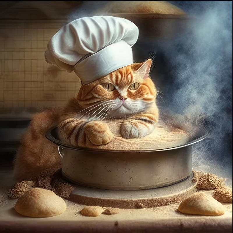 The Cat Cook Kneads the Dough in the Kitchen. Stock Illustration ...