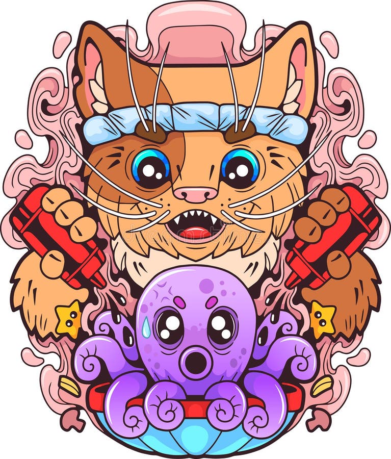 Cat Cook Makes an Octopus Dish Stock Vector - Illustration of japanese ...