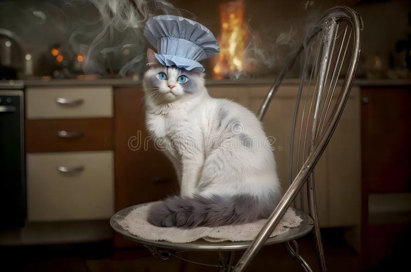 A Cat Cook Sits on a Chair in the Kitchen during a Fire. Stock Image ...