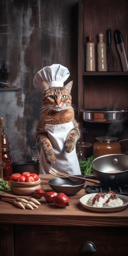 Cat Cooking in the Kitchen. Vertical Poster Stock Image - Image of menu ...