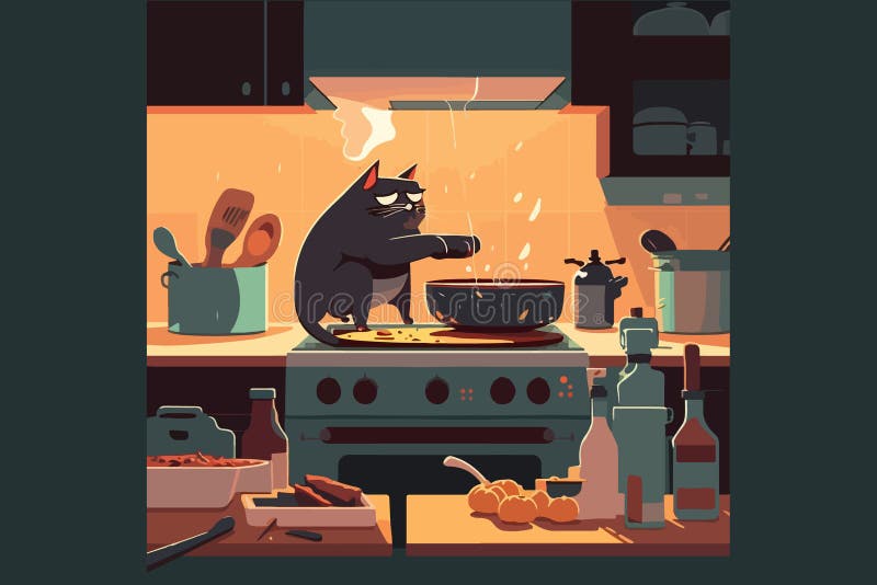 Cat Cooking Vector Illustration Stock Vector - Illustration of kitten ...