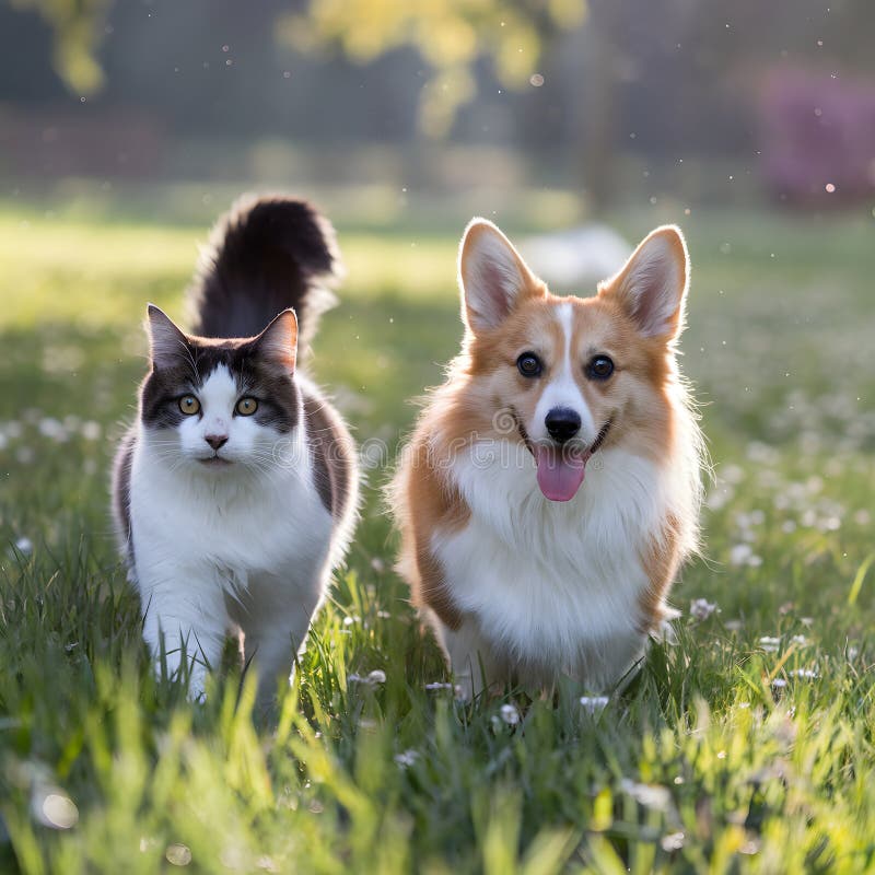 Cat and Corgi Walk Side by Side on Green Meadow Stock Illustration ...