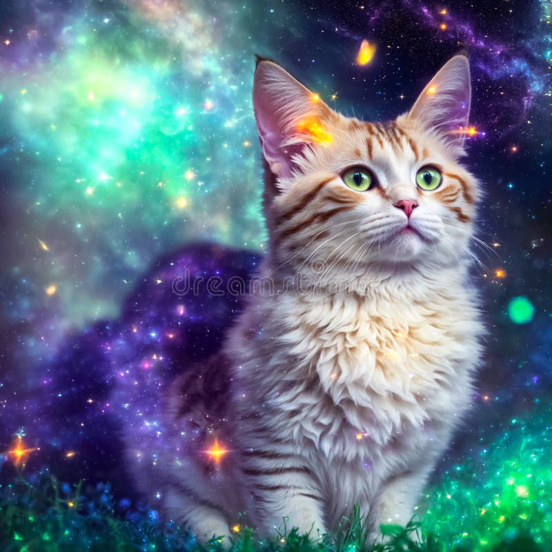 A Cat among Cosmic Nebulae and Glowing Lights. Generative AI Stock ...