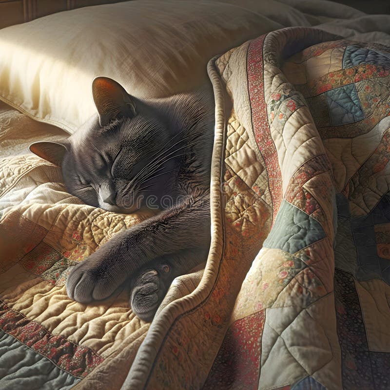 Gray Cat Napping on a Patchwork Quilt Stock Illustration - Illustration ...