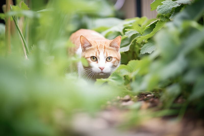 Cat Crouched Under Bush in Pursuit Stock Image - Image of outdoor ...