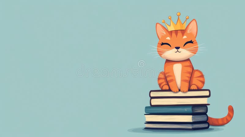 Cat with Crown Sitting on Stack of Books Stock Illustration ...