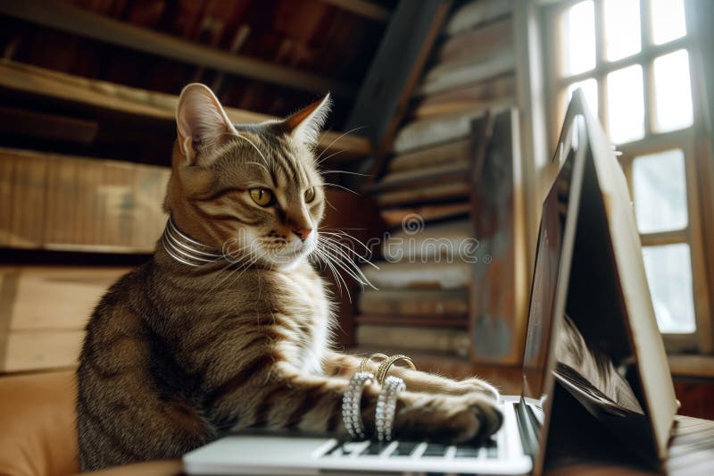 Cat with Cuff Bracelets Typing on a Laptop in a Loft Stock Photo ...