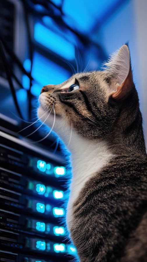 Cat Curiously Explores a Server Room, Illuminated by Blue LED Lights ...