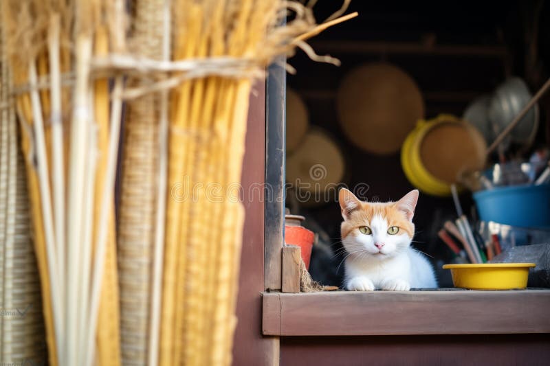 Cat Curiously Eyeing a Plastic Straw Nest in a Shed Stock Photo - Image ...