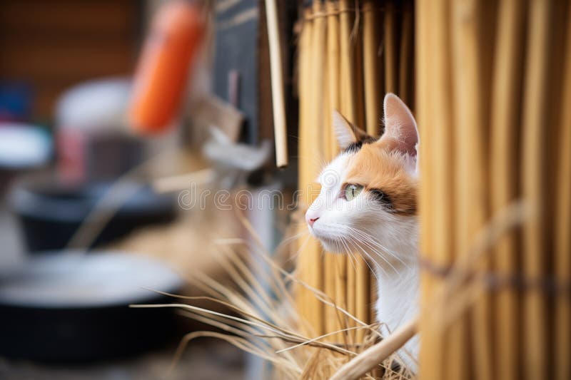 Cat Curiously Eyeing a Plastic Straw Nest in a Shed Stock Photo - Image ...
