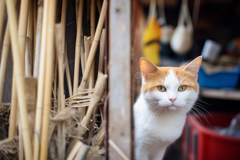 Cat Curiously Eyeing a Plastic Straw Nest in a Shed Stock Image - Image ...