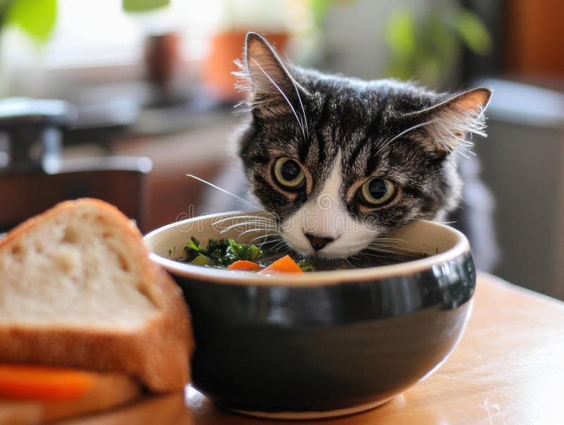 Cat Curiously Eyes a Bowl of Vegetable Soup and Bread Stock ...