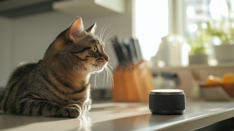 Cat Curiously Watching a Virtual Assistant Device on a Kitchen Counter ...