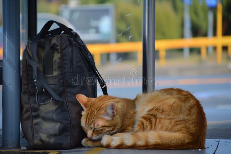 Cat Curled Up Next To a Forgotten Bag at a Quiet Bus Stop Stock Photo ...