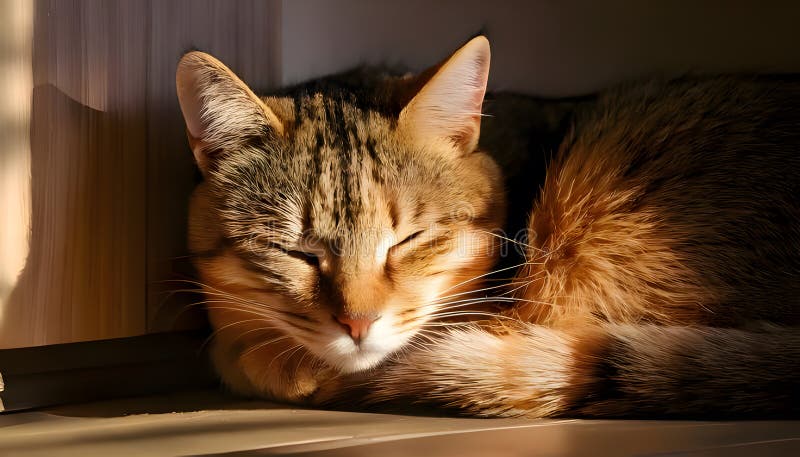 Cat Curled Up and Peacefully Napping in a Sunlit Corner Stock ...