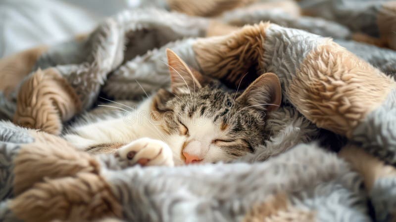 A Cat Curled Up and Sleeping in a Comfortable Bed or Blanket Stock ...
