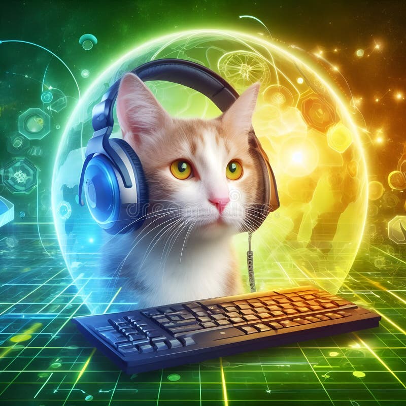 Cat in a Cyber Environment, with Computer Keyboard. Stock Illustration ...