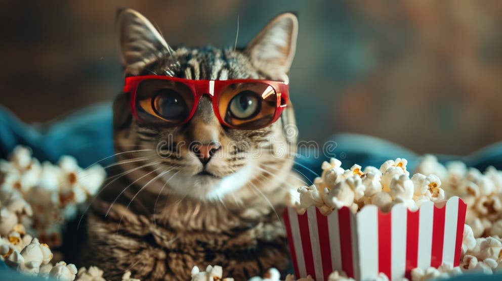 Cat in 3D Glasses with Popcorn. Selective Focus Stock Illustration ...