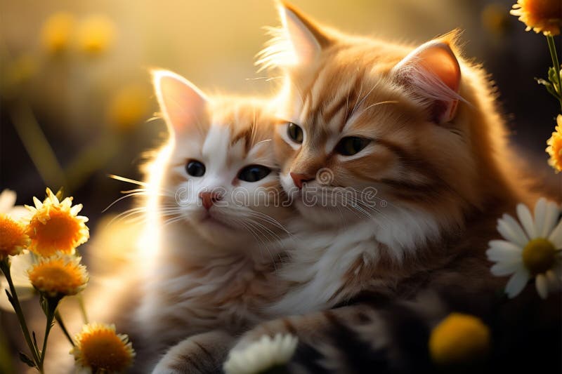 Cat and Daisy Snuggle Warmly, Sharing an Affectionate Bond Stock ...
