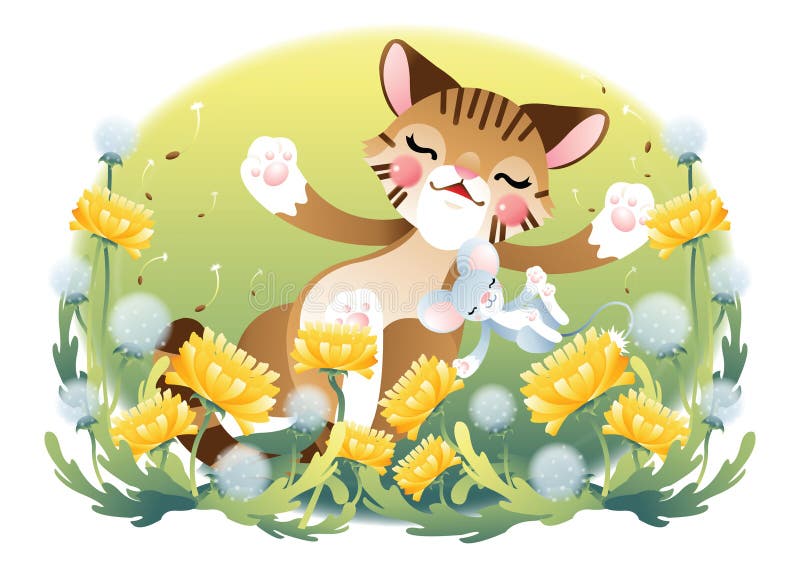 Cat Dancing between the Flowers. Vector Illustration Decorative Design ...