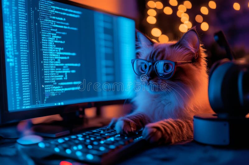 A Cat in a Dark Room Hacks at a Computer, with Digital Data Reflected ...