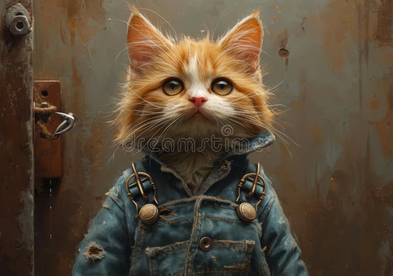 Cat in Denim Jacket is Standing in Front of Rusty Door. Stock ...