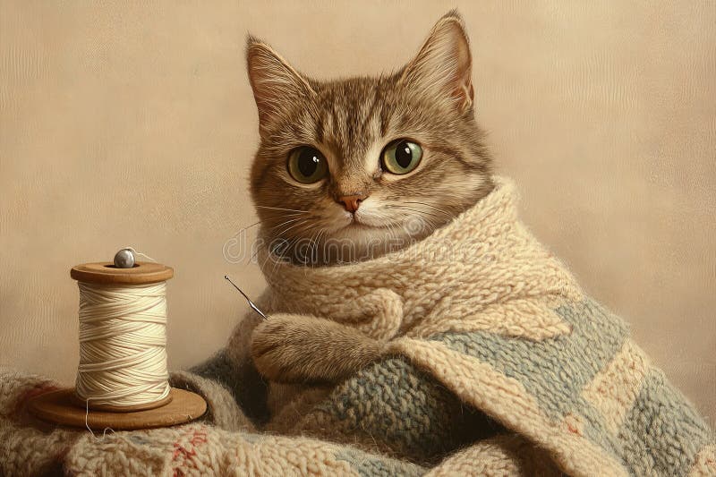 A Cat Depicted As a Seamstress, with a Tiny Spool of Thread and a Stock ...