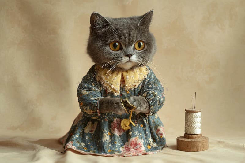 A Cat Depicted As a Seamstress, with a Tiny Spool of Thread and a ...