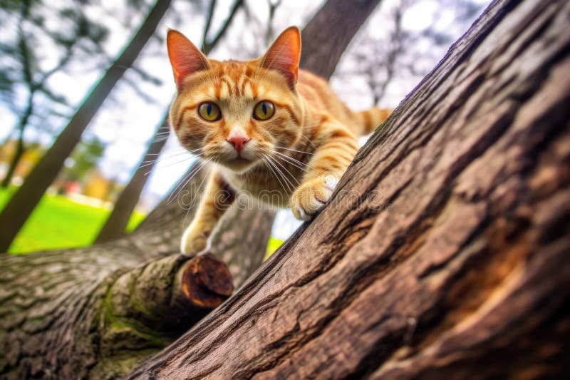 Cat Descending a Tree Trunk with Focus on Motion Stock Image - Image of ...