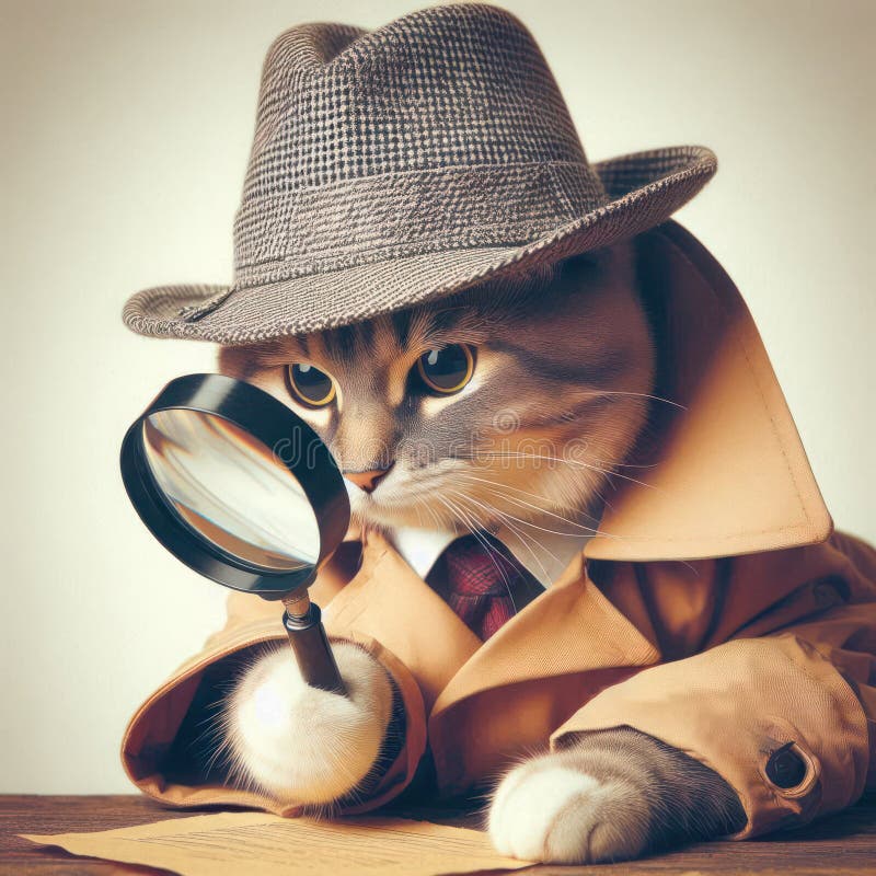 The Cat Detective Looks through a Magnifying Glass. Stock Image - Image ...