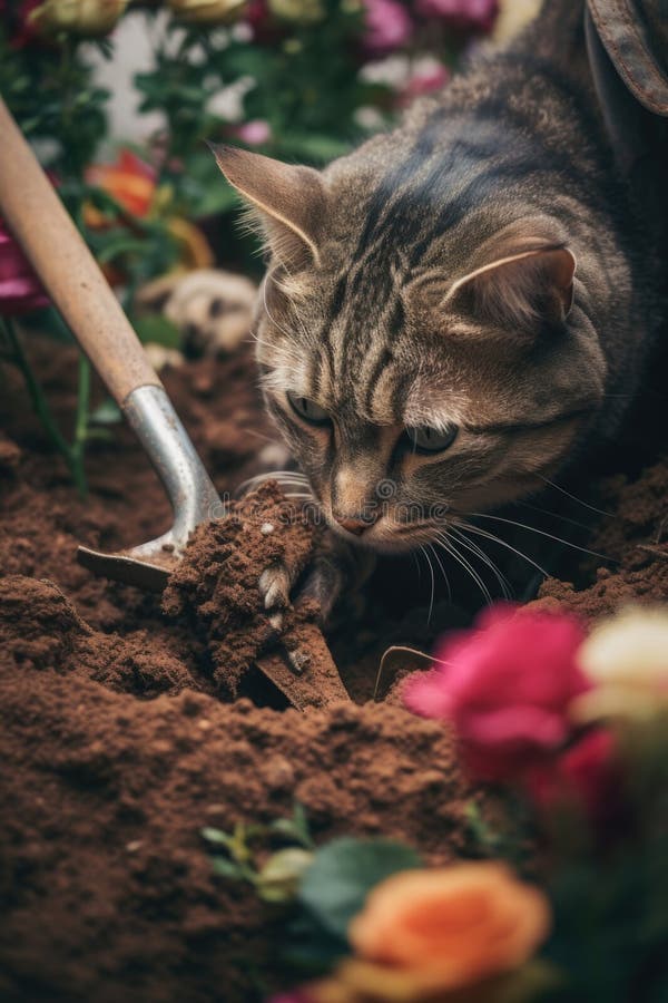 A Cat Digging in the Dirt with a Shovel. Ideal for Gardening Concepts ...