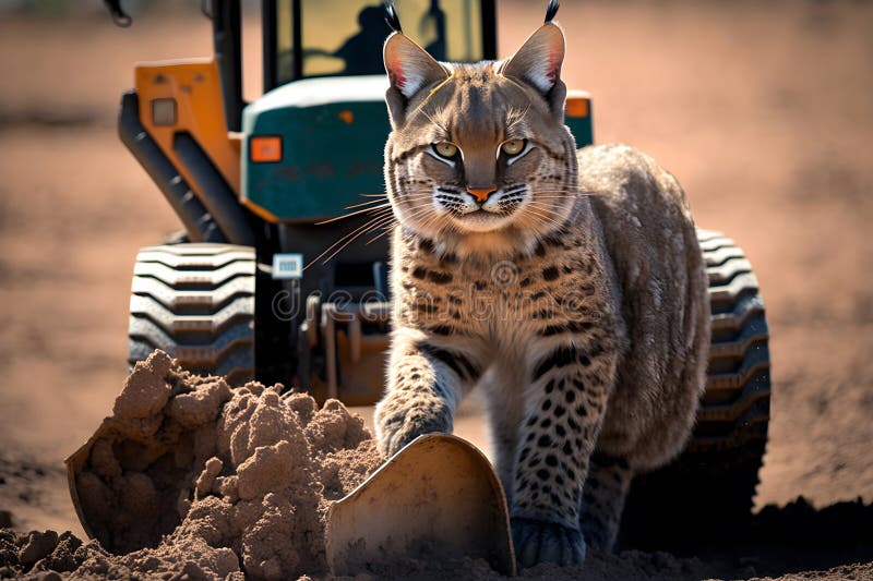 The Cat is Digging the Ground Against the Backdrop of a Tractor ...