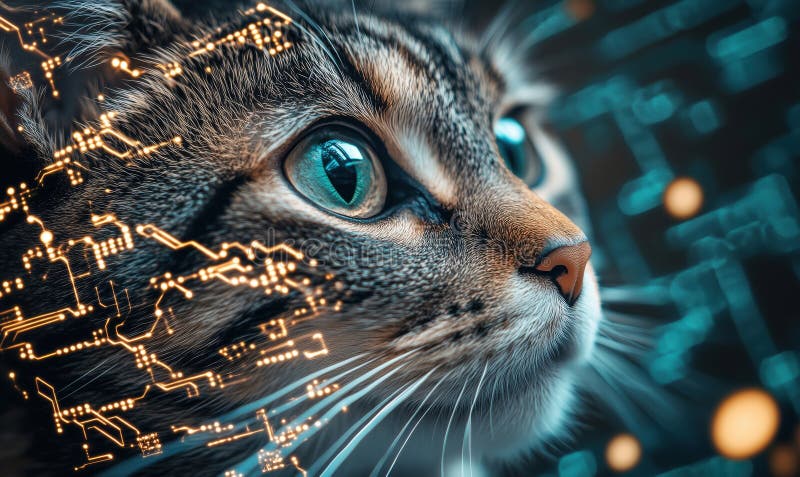 Cat with Digital Circuitry Overlay, Showcasing Technology and Nature ...