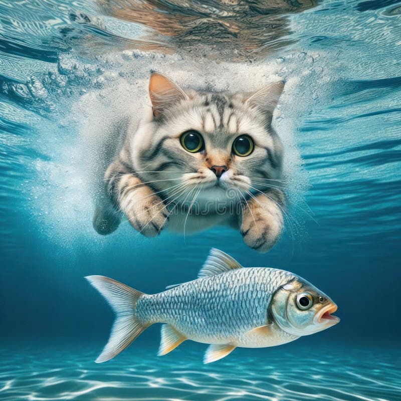 The Cat Dived Under the Water in Pursuit of Fish. Stock Photo - Image ...
