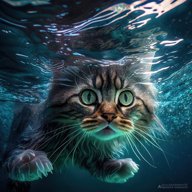 Closeup Wide Angle Underwater Photo Upshot of a Cat Underwater ...